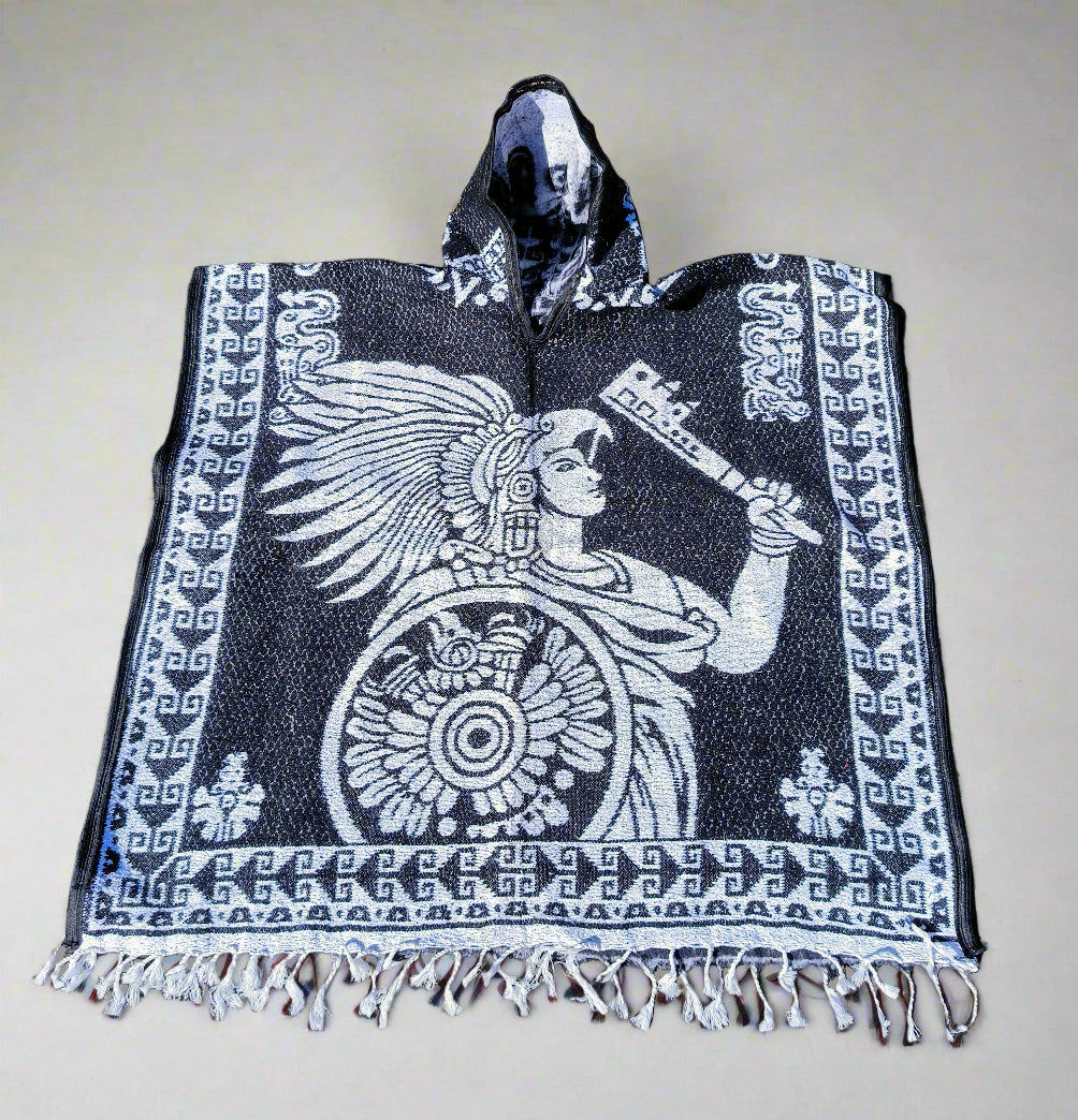 Aztec Warrior Poncho – Black & White – Ay, Caramba!